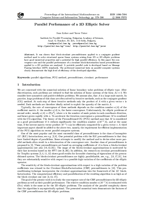 (PDF) Parallel Performance of a 3D Elliptic Solver