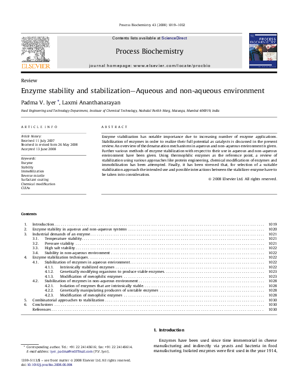 (PDF) Enzyme stability and stabilization—Aqueous and non-aqueous ...