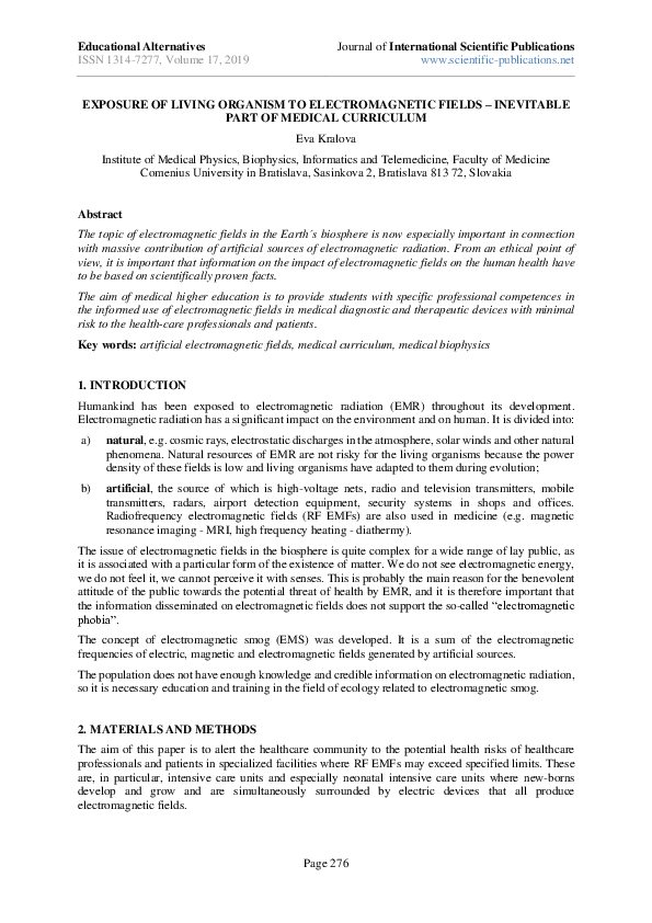 (PDF) Exposure of Living Organism to Electromagnetic Fields – Inevitable Part of Medical ...