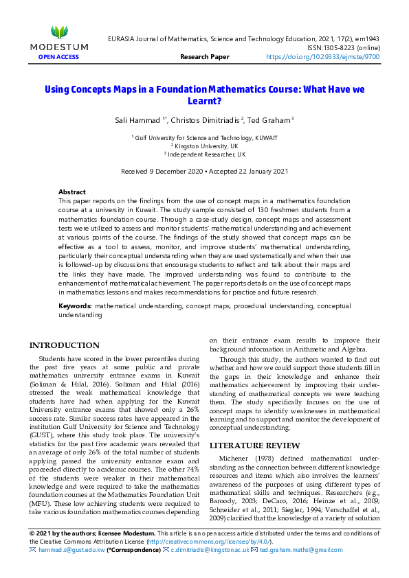 Pdf Using Concepts Maps In A Foundation Mathematics Course What Have We Learnt