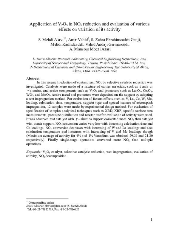 (PDF) Application of V2o5 in Nox Reduction and Evaluation of Various ...