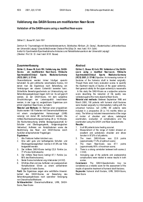(PDF) Validierung des DASH-Scores am modifizierten Neer-Score ...