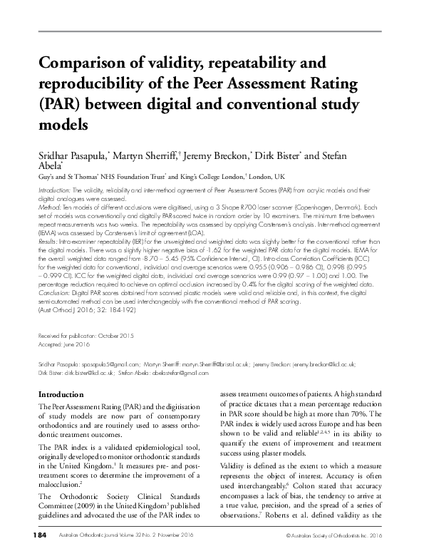 (PDF) Comparison of validity, repeatability and reproducibility of the ...