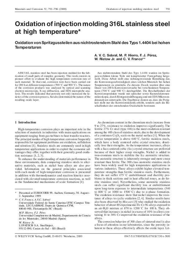 (PDF) Oxidation of injection molding 316L stainless steel at high ...