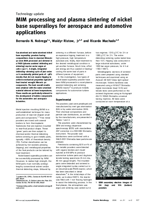 (PDF) MIM processing and plasma sintering of nickel base superalloys for aerospace and ...