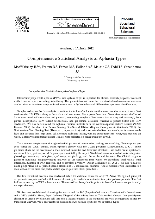 (PDF) Comprehensive Statistical Analysis of Aphasia Types | Brian ...