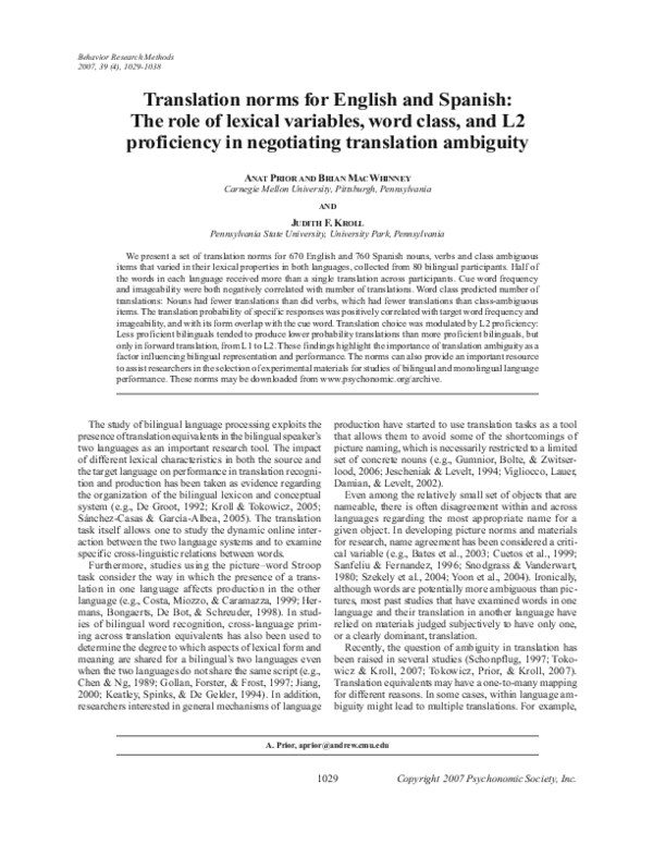 (PDF) Translation norms for English and Spanish: The role of lexical ...