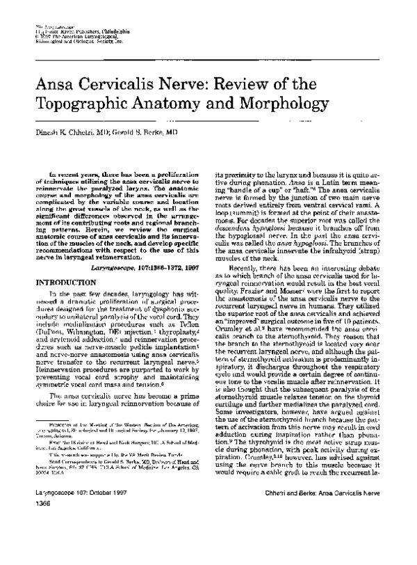 (PDF) Ansa Cervicalis Nerve: Review of the Topographic Anatomy and Morphology