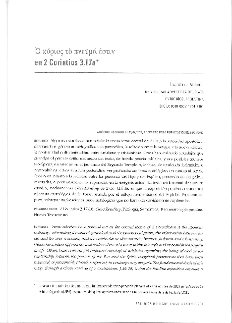 (PDF) “Ο κυριος το πνευμα εστιν en 2 Corintios 3,17a”, Estudios ...