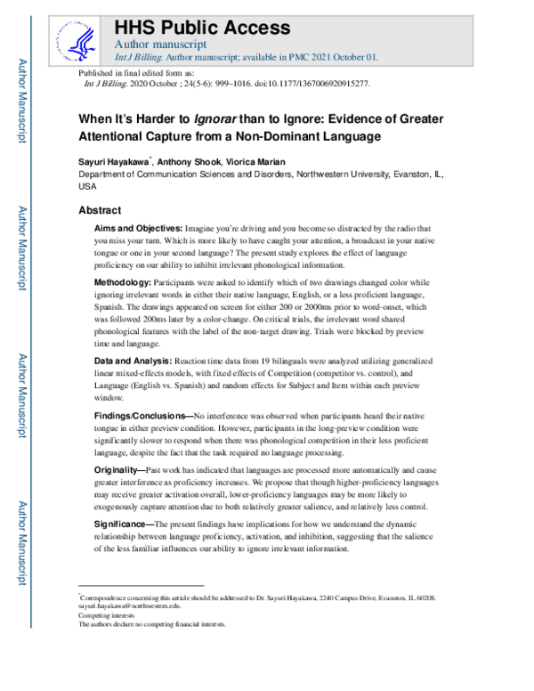 (PDF) When it’s harder to ignorar than to ignore: Evidence of greater ...