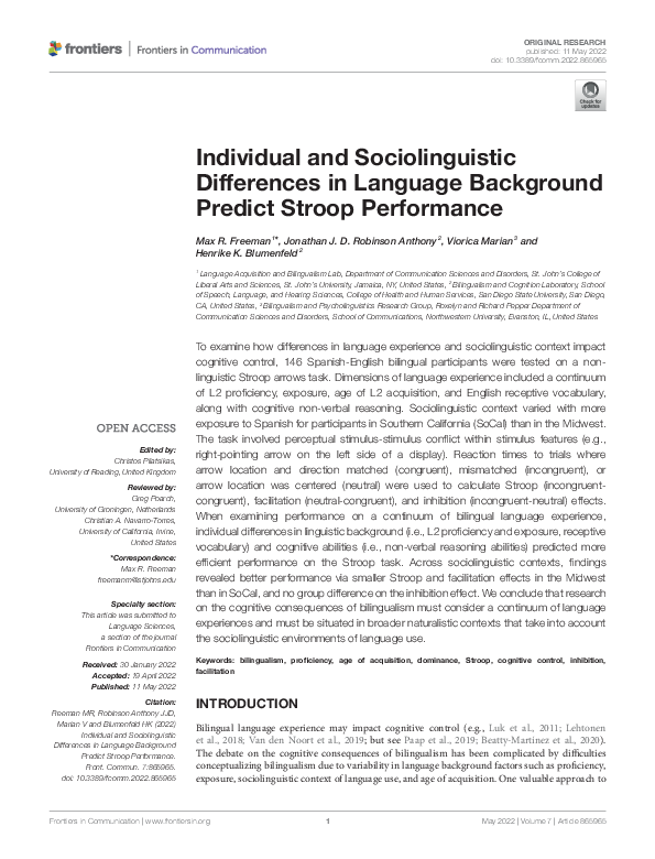 (PDF) Individual and Sociolinguistic Differences in Language Background Predict Stroop Performance