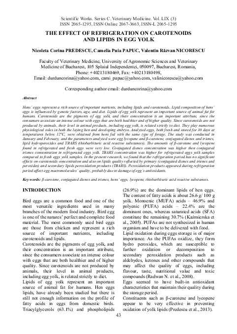 (PDF) The effect of refrigeration on carotenoids and lipids in egg yolk