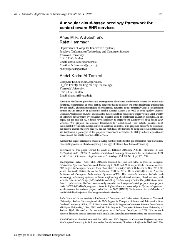 (PDF) A modular cloud-based ontology framework for context-aware EHR services | anas alsobeh ...