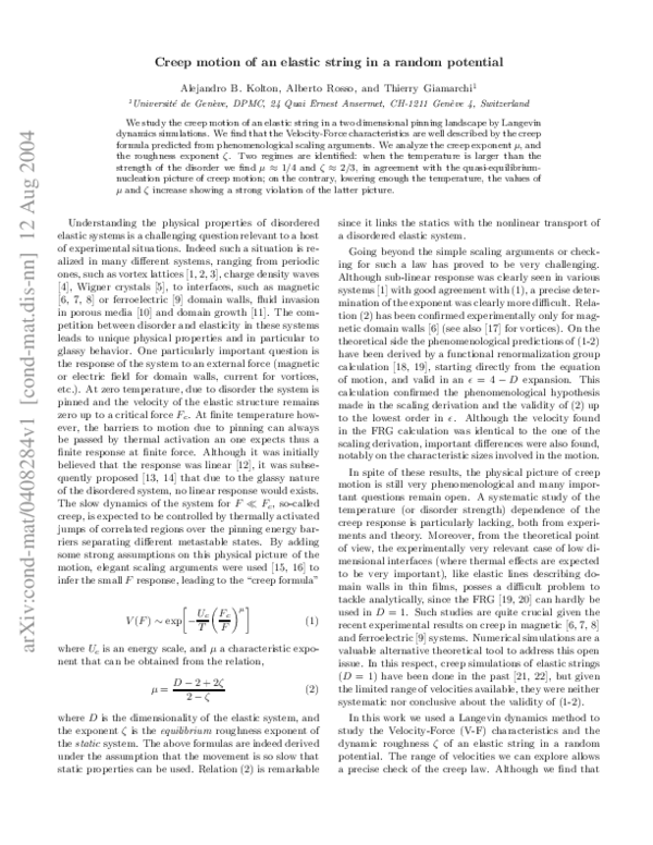 (PDF) Creep Motion of an Elastic String in a Random Potential