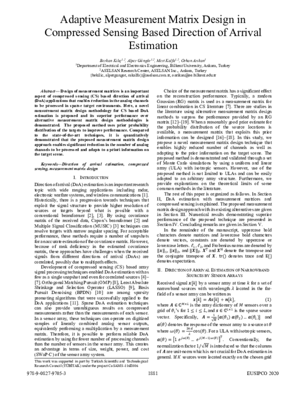 (PDF) Adaptive Measurement Matrix Design in Compressed Sensing Based Direction of Arrival Estimation