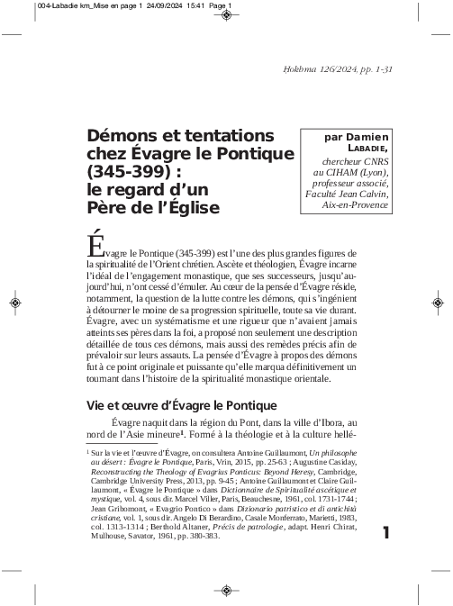 (PDF) « Démons et tentations chez Évagre le Pontique (345-399) : le ...