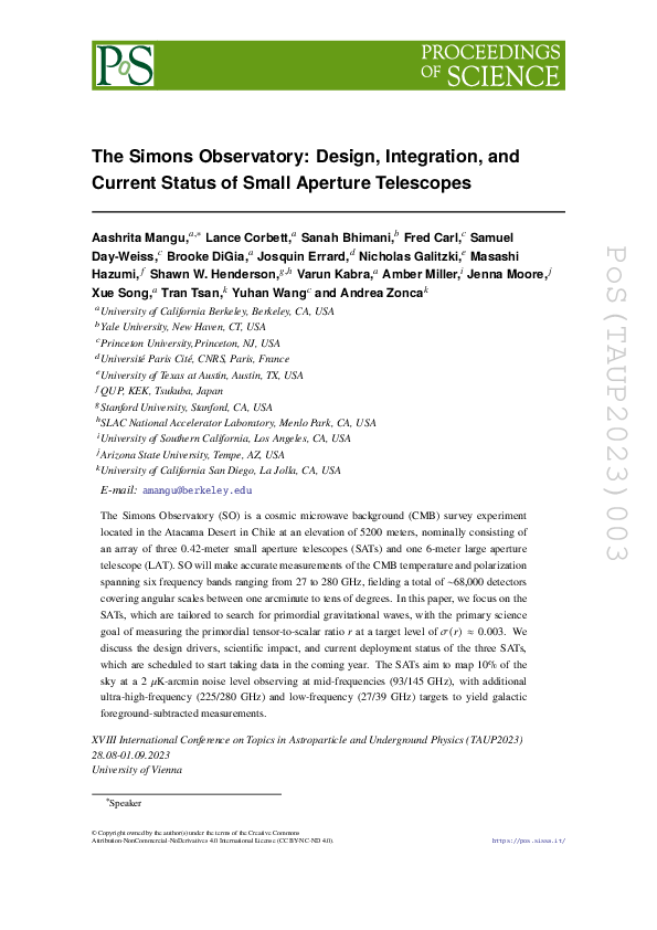 (PDF) The Simons Observatory: Design, Integration, and Current Status of Small Aperture Telescopes