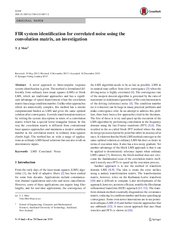 (PDF) FIR system identification for correlated noise using the convolution matrix, an investigation