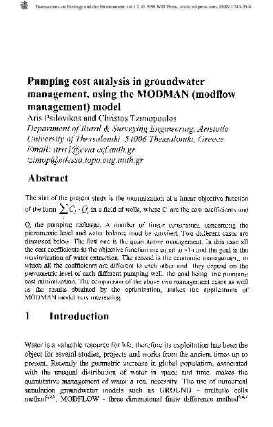(PDF) Pumping Cost Analysis In Groundwater Management, Using The MODMAN (modflow Management) Model