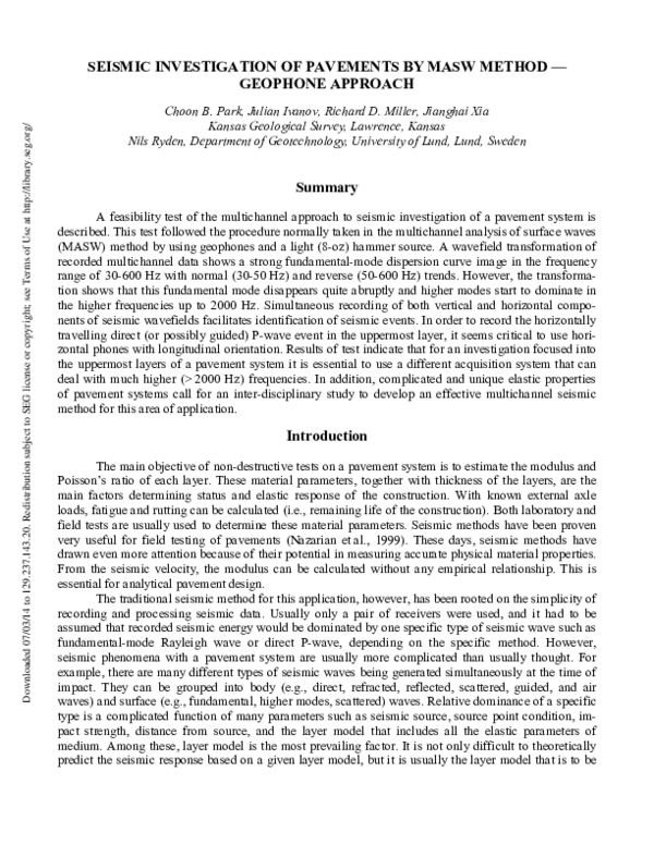 (PDF) Seismic Investigation of Pavements by MASW Method — Geophone Approach