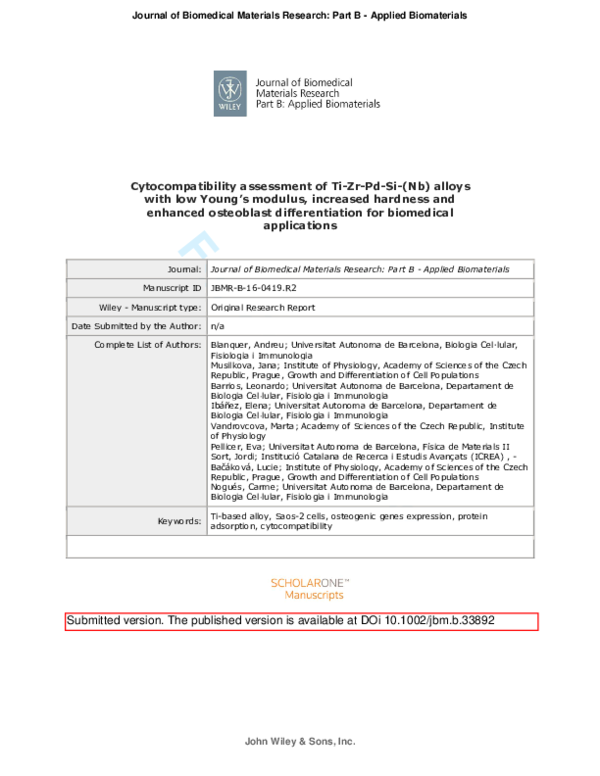 (PDF) Cytocompatibility assessment of Ti-Zr-Pd-Si-(Nb) alloys with low ...