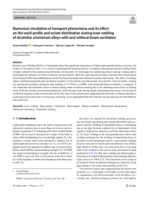 Pdf Numerical Simulation Of Transport Phenomena And Its Effect On The Weld Profile And Solute