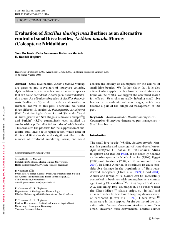 (PDF) Evaluation of Bacillus thuringiensis Berliner as an alternative control of small hive ...