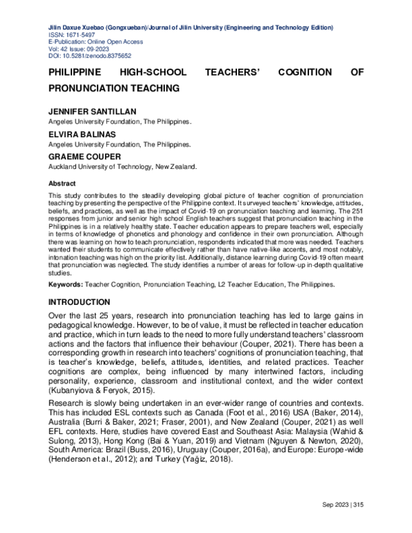 (PDF) Philippine High-School Teachers' Cognition of Pronunciation Teaching