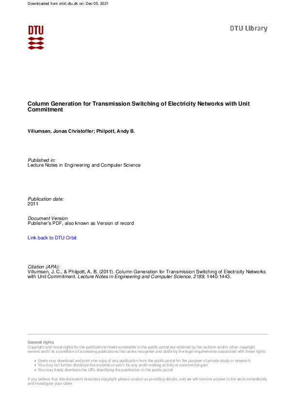 (PDF) Column generation for transmission switching of electricity ...
