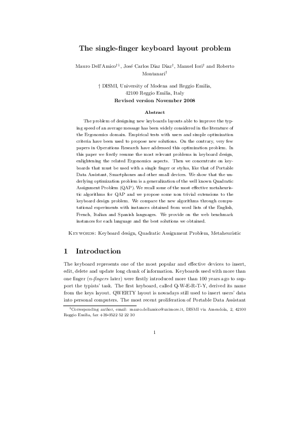 (PDF) The single-finger keyboard layout problem