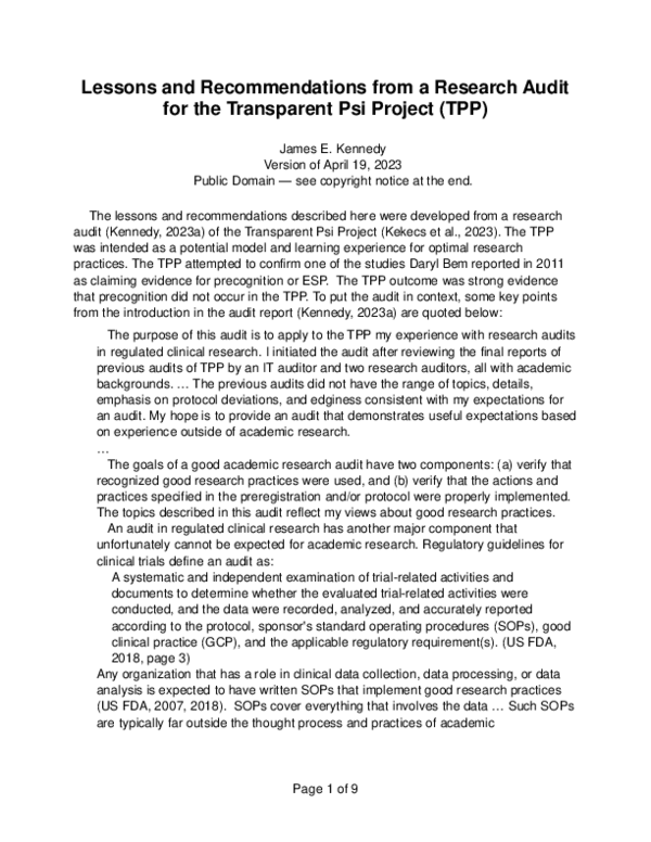 (PDF) Lessons and Recommendations from a Research Audit for the ...