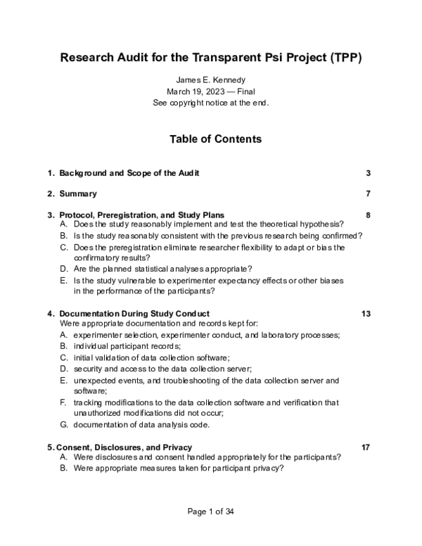 (PDF) Audit of Transparent Psi Project's Research Methods