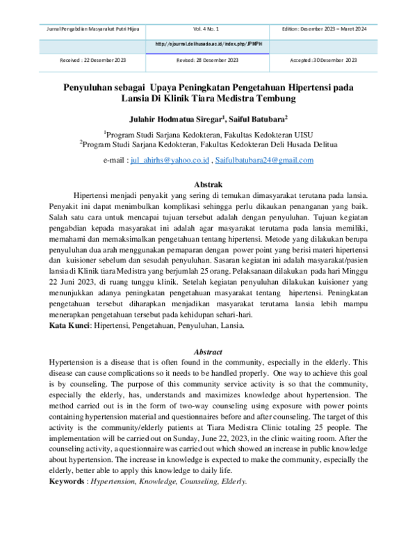 (PDF) Penyuluhan sebagai Upaya Peningkatan Pengetahuan Hipertensi pada Lansia Di Klinik Tiara ...