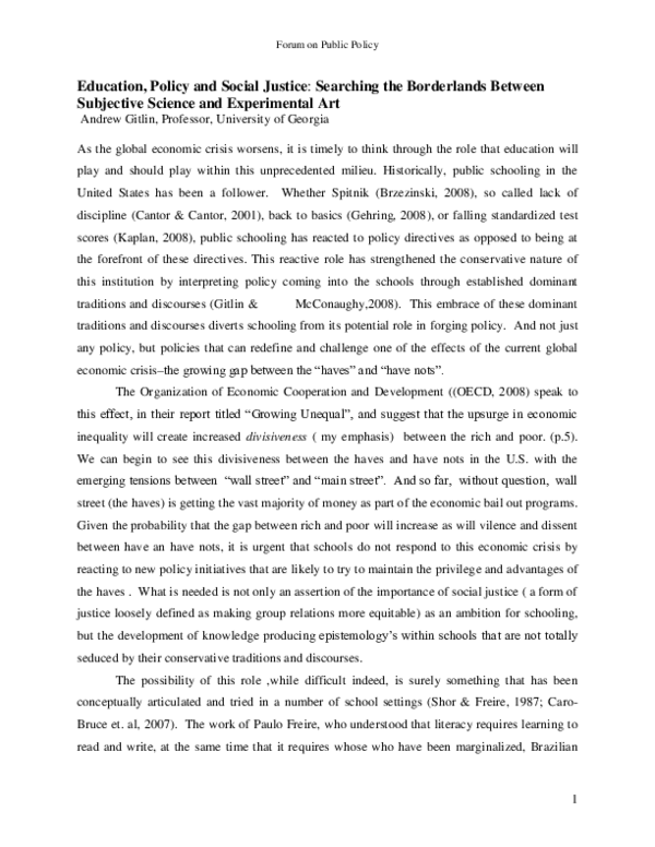 (PDF) Education, Policy and Social Justice: Searching the Borderlands ...