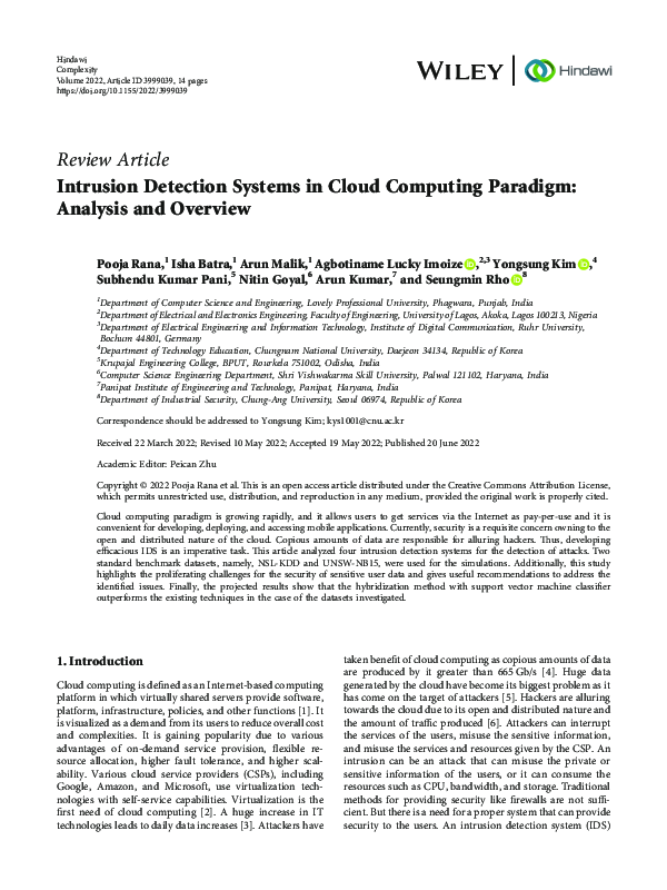 (PDF) Intrusion Detection Systems in Cloud Computing Paradigm: Analysis and Overview