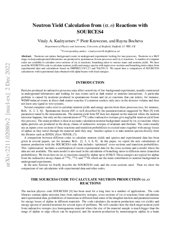 (PDF) Neutron Yield Calculation from ($\alpha,n$) Reactions with SOURCES4