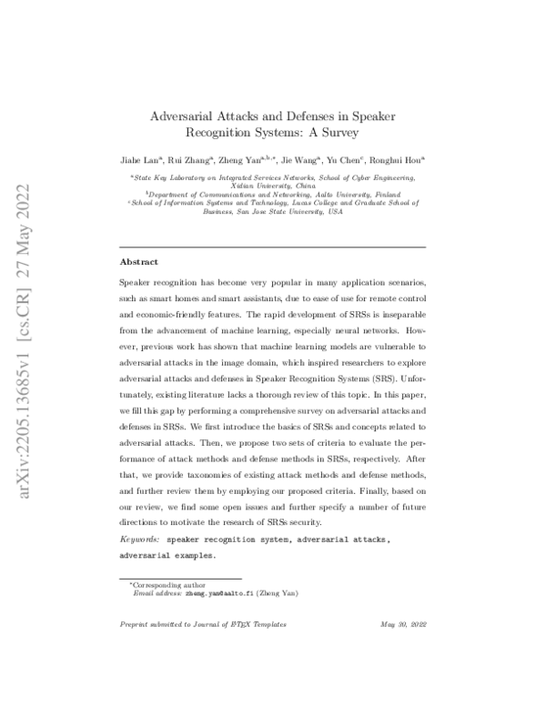(PDF) Adversarial attacks and defenses in Speaker Recognition Systems: A survey