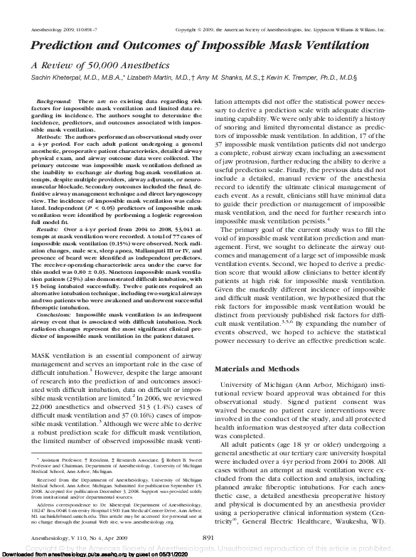 (PDF) Prediction and Outcomes of Impossible Mask Ventilation | Kevin ...