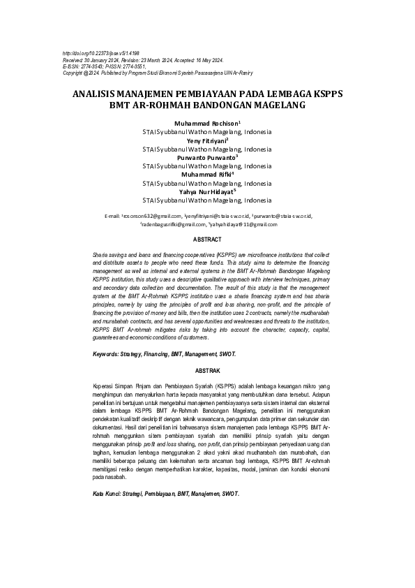 (PDF) Analisis Manajemen Pembiayaan Pada Lembaga KSPPS BMT Ar-Rohmah Bandongan Magelang | Yeny ...