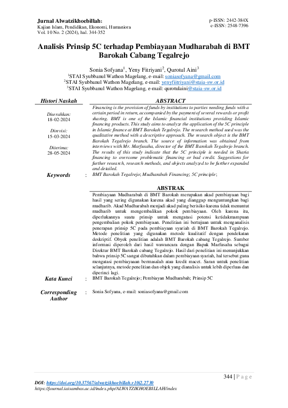 (PDF) Analisis Prinsip 5C terhadap Pembiayaan Mudharabah di BMT Barokah Cabang Tegalrejo