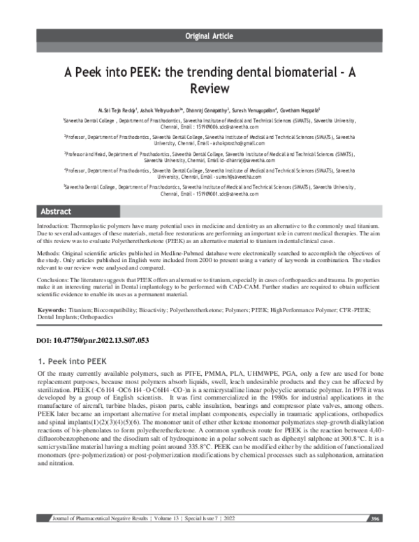 (PDF) A Peek into PEEK: the trending dental biomaterial - A Review