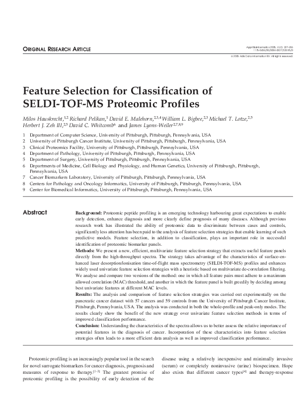 (PDF) Feature Selection for Classification of SELDI-TOF-MS Proteomic Profiles | James Lyons ...