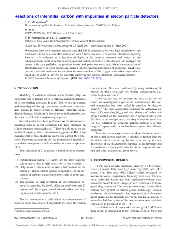 (PDF) Reactions of interstitial carbon with impurities in silicon particle detectors | Leonid ...