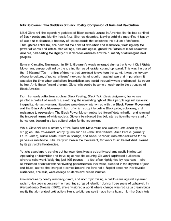 (PDF) Nikki Giovanni: The Goddess of Black Poetry, Companion of Rain ...