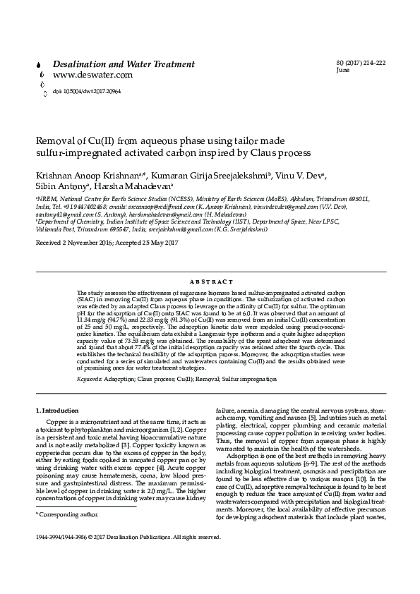 (PDF) Removal of Cu(II) from aqueous phase using tailor made sulphur impregnated activated ...