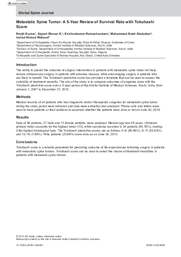 (PDF) Metastatic Spine Tumor: A 5-Year Review of Survival Rate with ...