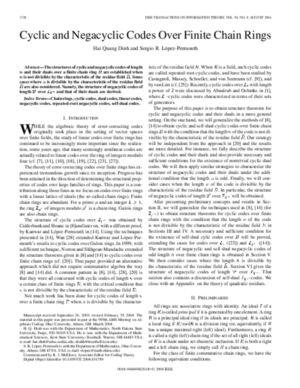 (PDF) Cyclic and Negacyclic Codes Over Finite Chain Rings