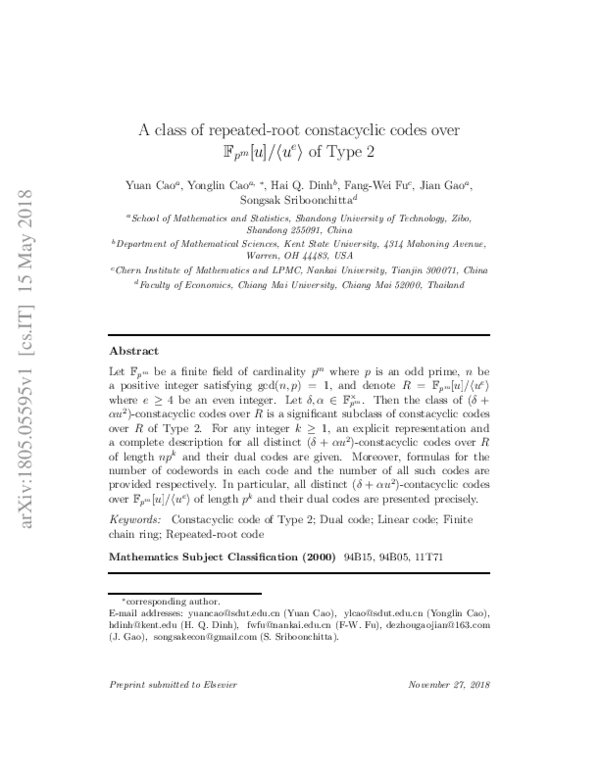 (PDF) A class of repeated-root constacyclic codes over Fpm[u]/〈ue〉 of ...
