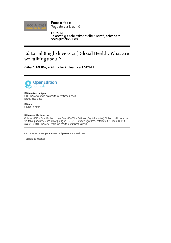 (PDF) Editorial (English version) Global Health: What are we talking about?