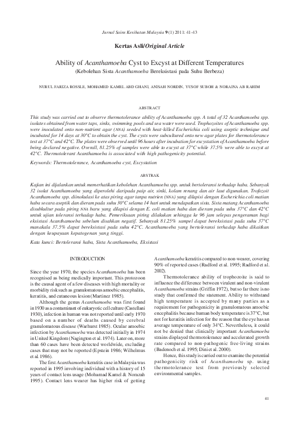 (PDF) Ability of Acanthamoeba Cyst to Excyst at Different Temperatures ...